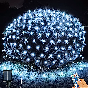 300 LED Solar Net Lights, 8 Modes Connectable Outdoor Mesh Lights, 14.8ft x 5ft Waterproof Green Wire String Lights for Bushes Trees Wall Party Hedges Fence Yard Garden Indoor Decor-Cool White