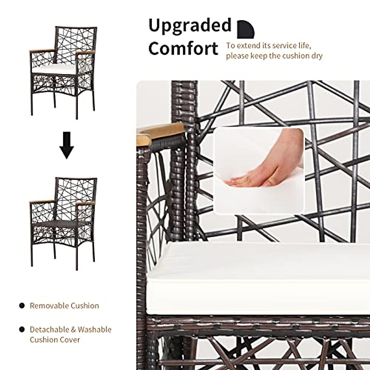 Tangkula Set of 2 Outdoor Dining Chairs, Patiojoy All-Weather PE Wicker Patio Bistro Chairs with Acacia Wood Armrests and Soft Cushions, Outdoor Armchairs for Porch, Garden, Poolside and Backyard