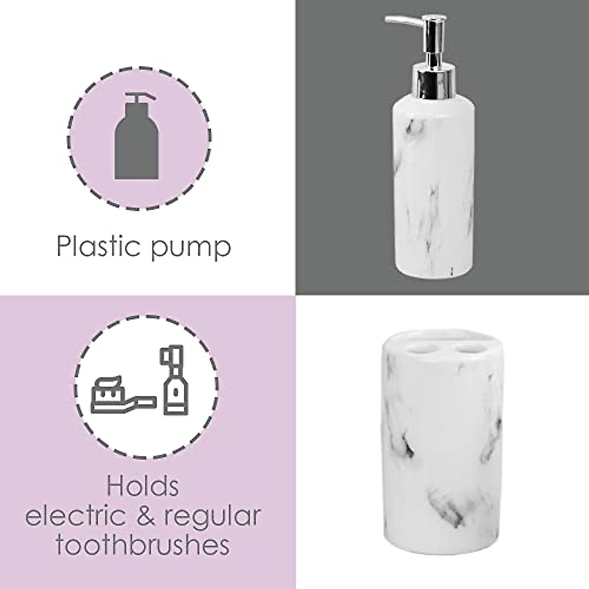 Home Basics Marble Design Look, Ceramic 4-Piece Durable Bath Accessory Set, includes Lotion Dispenser, Soap Dish, Tumbler, Toothbrush Holder