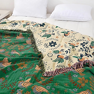 Skrmisda Bohemian Throw Blankets, Boho Birds 60 * 80 Inch Cotton Blanket for Bed Couch Camping Picnic Full Size Tassel Reversible Breathable Soft & Cozy Blankets (Green+Beige)