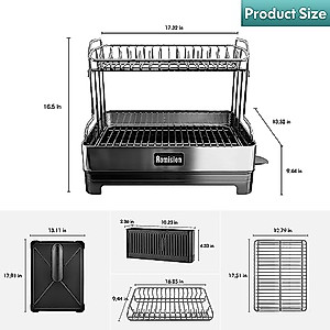 romision Dish Drying Rack, 304 Stainless Steel 2 Tier Large Dish Rack and Drainboard Set with Swivel Spout Drainage, Full Size Dish Drainer with Utensil Holder for Kitchen Counter of Big Family