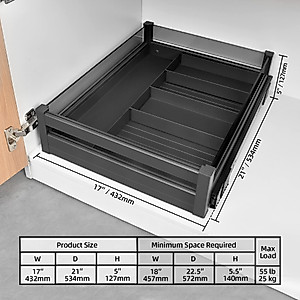 YOHOM Pull-Out Drawer Organizer Single Tier Sliding Drawer Organizer for Kitchen Cabinets, Aluminum Pull Out Tray with Dividers, DIY Installation 17" W x 21" D