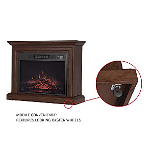 Mobile Electric Fireplace with Mantel-Portable Heater on Wheels, Remote Control, LED Flames & Faux Logs, Adjustable Heat & Light by Northwest (Brown)