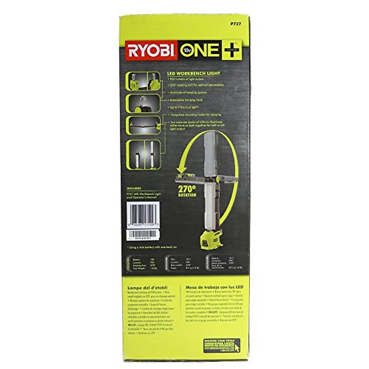 Ryobi P727 One+ 18 Volt 950 Lumen 270 Degree Rotating LED Work Light with Integrated Mounting Hooks (Battery Not Included, Light Only)