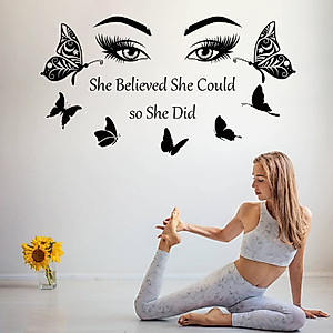 Inspirational Wall Decal Quotes Eyelash Eyes Wall Stickers Motivational Word Letter Decals She Believe She Could So She Did Wall Art Positive Sayings Sticker for Women Girls Bedroom Living Room Decor