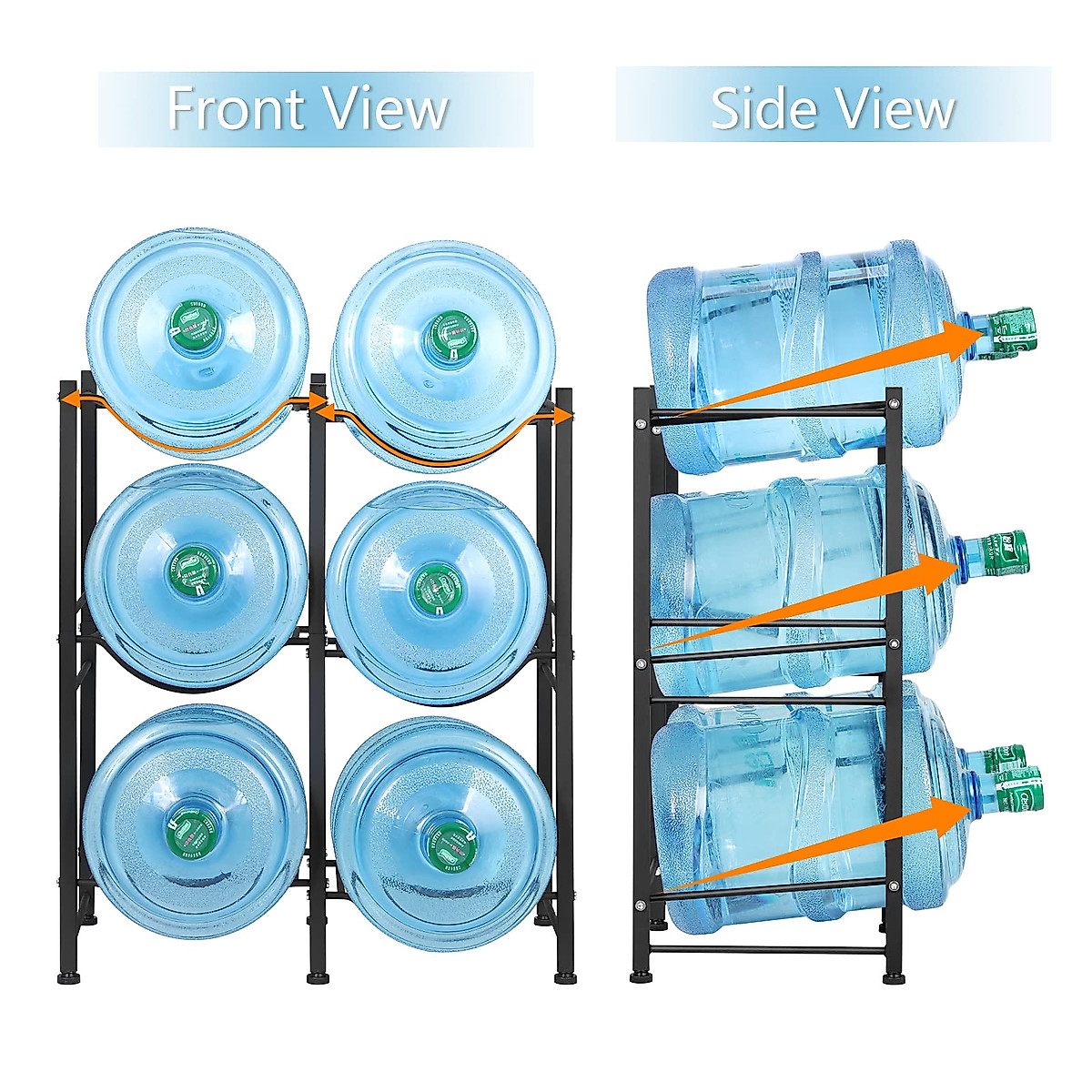 LIANTRAL 5 Gallon Water Bottle Holder, 3 Tiers Black Double Row Heavy Duty Water Cooler Jug Rack, Water Rack with 6 Slots for Home Kitchen