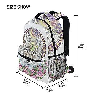 ALAZA Wolf Head Moon Wreath of Flowers Unisex Schoolbag Travel Laptop Bags Casual Daypack Book Bag