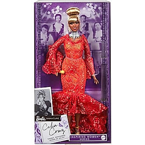 Barbie Inspiring Women Doll, Celia Cruz Queen of Salsa in Red Lace Dress with Golden Microphone, Collectible with Doll Stand & Certificate of Authenticity