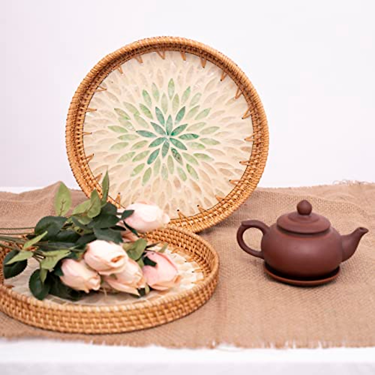 BemiaoCrafts Rattan Tray with Mother of Pearl Inlay Wooden Base, Lacquer Serving Basket for Breakfast, Food, Round Tray as Coffee Table Decor, Mother of Pearl Decoration, Storage, Display