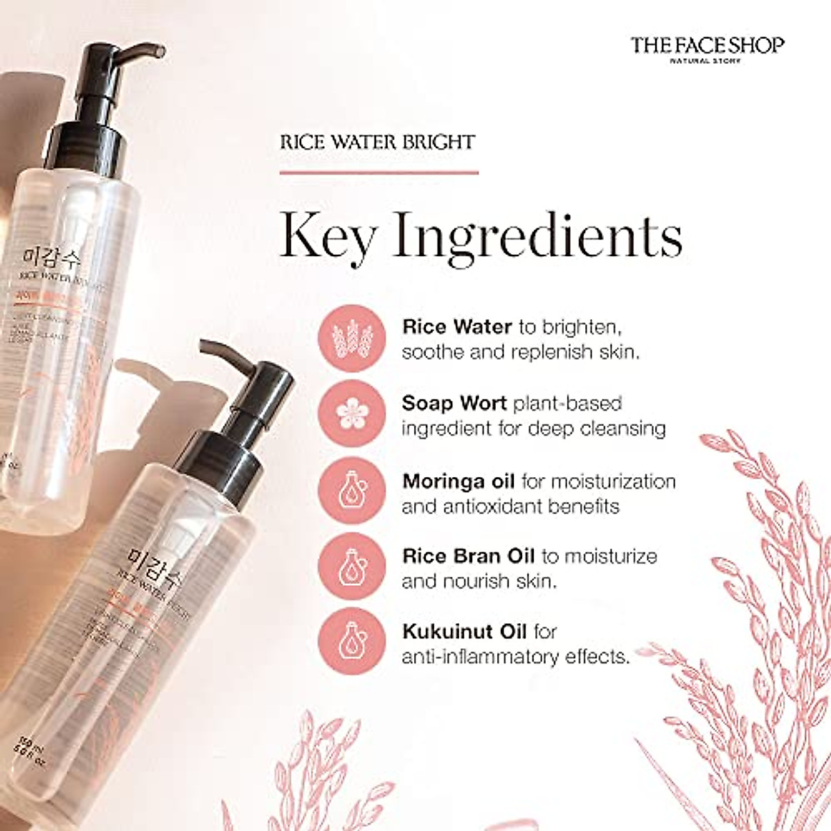 THE FACE SHOP Rice Water Bright Set - Cleanser 150ml + Light Cleansing Oil 150ml + Foam 100ml , 3 Count (Pack of 1)