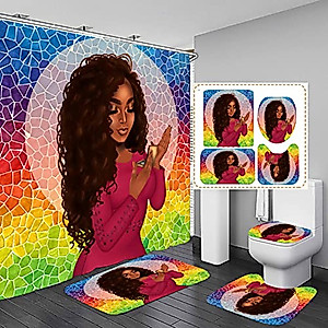 African American Shower Curtains for Bathroom, Black Girl Bathroom Sets with Shower Curtain and Rugs and Accessories, 4PCS Colorful Bathroom Decor Sets (Red)