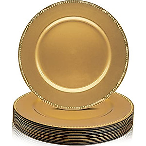 Cezoyx 12 Pack Gold Charger Plates with Beaded, 13 Inch Round Charger for Dinner Plate - Plastic Decor Charger Plate for Wedding, Party, Restaurant, Thanksgiving, Family Gathering