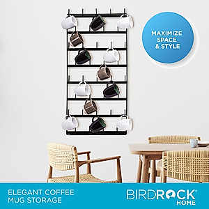 BirdRock Home 36 Peg Mug Rack for Wall - Coffee Tea Cup Glass Storage Holder - Coffee Bar Display Décor - Decorative Kitchen Organizer - Heavy Duty Rack - Flat Black Metal Steel