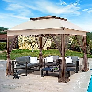 INTER HUT 11x11 Outdoor Pop up Gazebo Tent with Mesh Walls for Patio, Lawn, Backyard and Deck, Beige