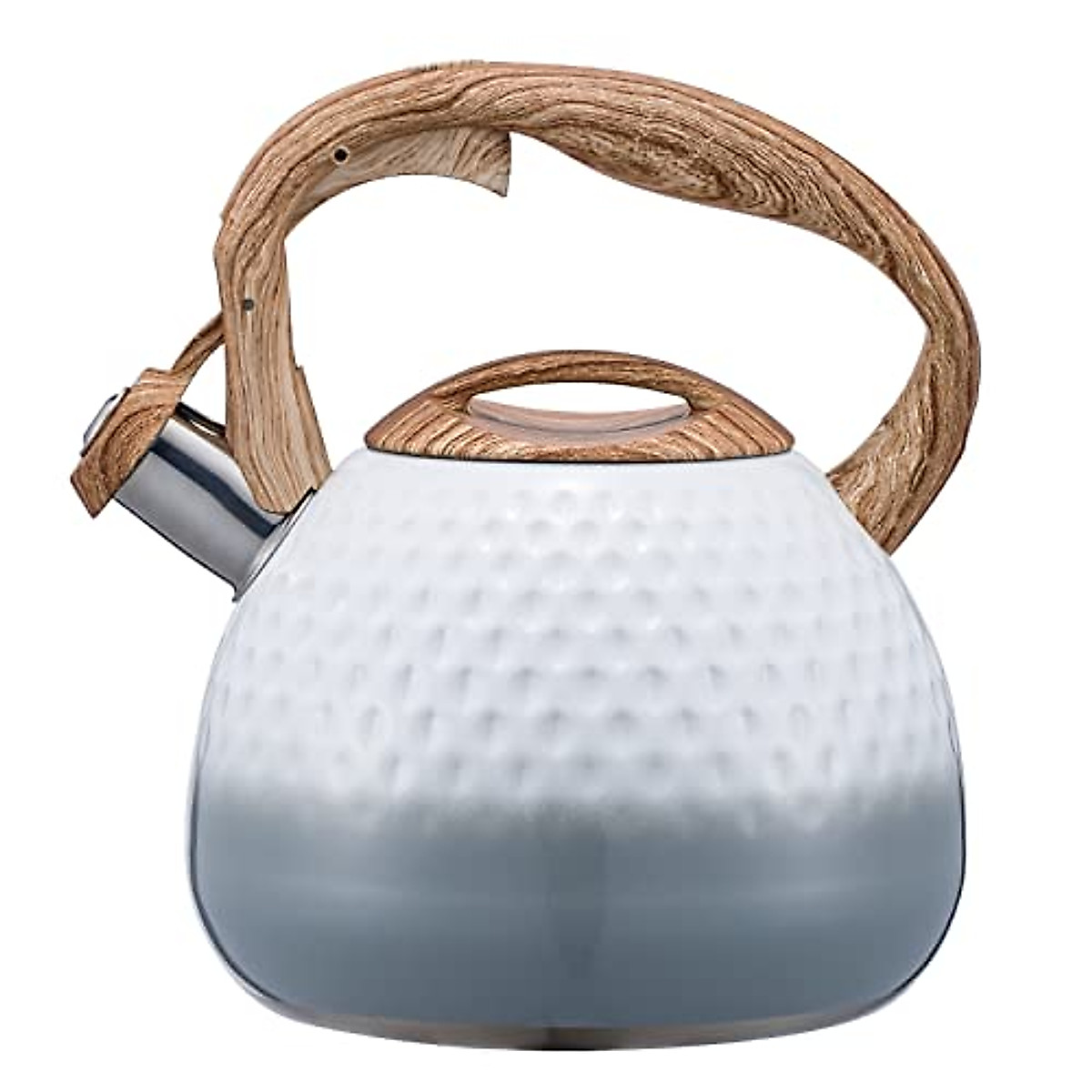 Tea Kettle, Stovetop Teapot, 2.7 Quart, Loud Whistle, Food Grade Stainless Steel and Smooth Wood Pattern Handle, Sophisticated Look for Hiking, Picnic, for Tea, Coffee, Milk (White)