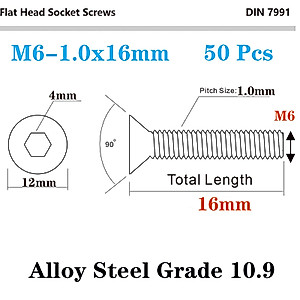 50 Pcs M6-1.0 x 16mm Flat Head Socket Cap Screws, Alloy Steel Grade 10.9, DIN 7991, Allen Socket Drive,Hex Drive,Black Oxide Finish (M6-1.0 x 16mm)