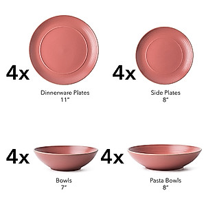 Arora RINGAR Round Stoneware 16pc Double Bowl Dinnerware Set for 4, Dinner Plates, Side Plates, Cereal Bowls, Pasta Bowls - Speckle Matte Red (395438)