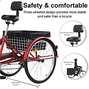PRIJESSE 26 inch Adult Tricycle, 7 Speed 3 Wheel Bike for Women Men, Cruise Trike Bike with Shopping Basket, Adjustable Seat, Multiple Colors (RED)