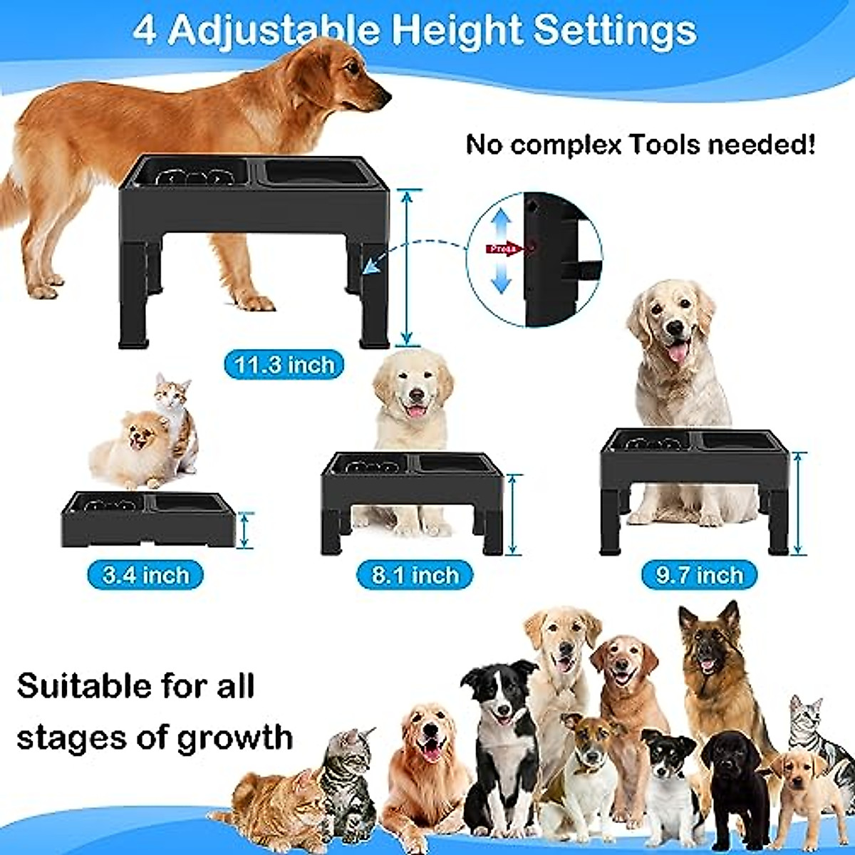 ikuso 2-in-1 Elevated Slow Feeder Dog Bowls 4 Height Adjustable Raised Dog Bowls with No Spill Water Bowl and Non-Skid Silicone Mat Non-Toxic Slow,Mess Proof,Non-Tip，Protect Dog Spine
