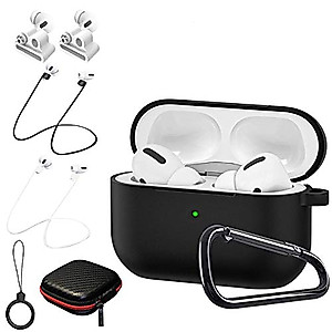 TOLUOHU AirPods Pro Case, Apple AirPods Pro Soft Silicone Accessories 8 in 1 Kit, Shockproof Protective AirPods Pro Charging case Cover with Keychain/Watch Band Holder/Strap/Ring/Carrying Box(Black)