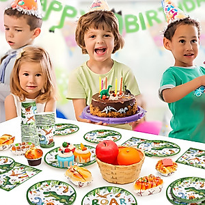 96Pcs Dinosaur Birthday Party Supplies -24 Guest Dino Plates Cups and Napkins For Boys Kids three rex Birthday decorations Baby Shower