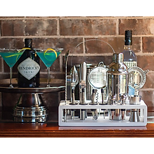 G2S Professional Bartender Kit and Cocktail Shaker Set with Stand - 17 Piece Stainless Steel Home Bar Accessories with Modern Bamboo Stand for Mixology Bartending and Drink Mixing (White)