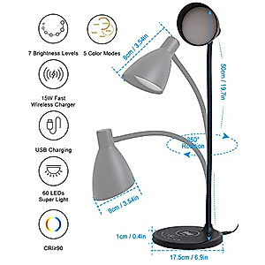 KAiSnova Desk Lamp with Wireless Charger & USB Charging Port, 60 LED Desk Lamps for Home Office, 5 Color & 7 Levels Brightness Touch Control Table Lamp, Gooseneck Desk Lamps for Bedroom Bedside Dorm