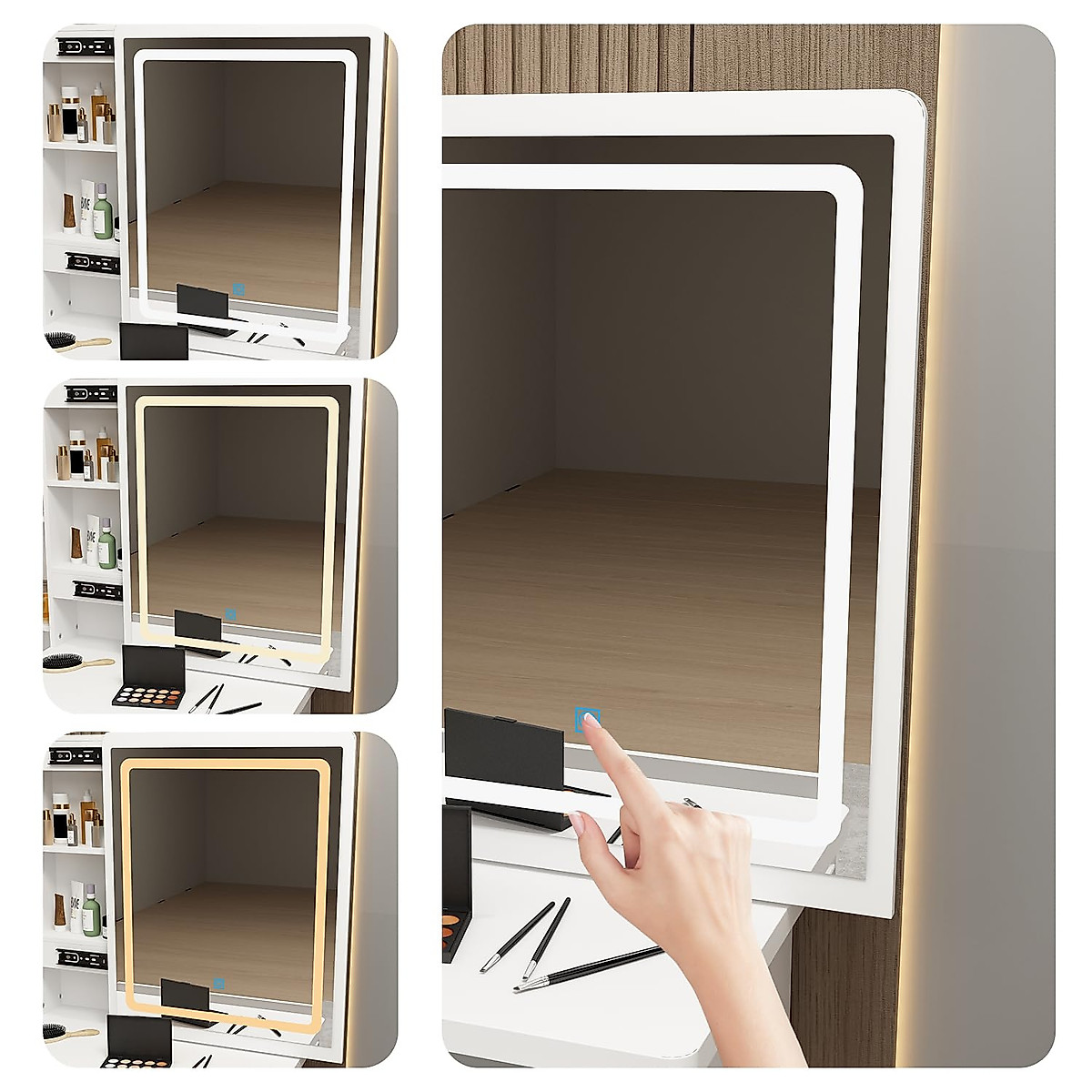 Homsee Vanity Desk Set Makeup Table with Large Sliding Lighted Mirror, Dressing Table with 4 Drawers, Hidden Storage Shelves & Cushioned Stool for Bedroom, White