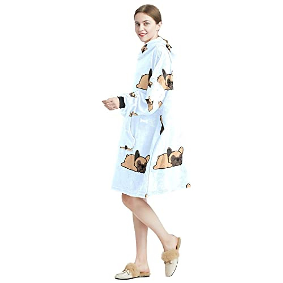 Cute French Bulldog Puppy Pattern Wearable Blanket Hoodie,Oversized Hooded Blanket Sweatshirt
