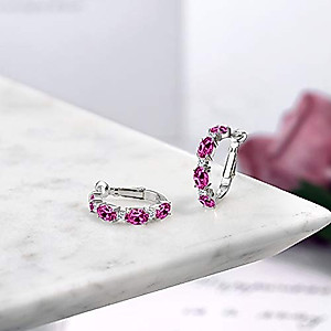 Gem Stone King 925 Sterling Silver Pink Created Sapphire and White Topaz Hoop Earrings For Women (4.24 Cttw, Oval 6X4MM)