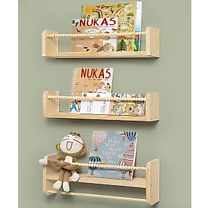 Mazjoaru Nursery Book Shelves for Wall Set of 3, Natural Wood Bookshelves Wall Decor, Small Floating Shelf Organizer for Kids Room, Bedroom, Kitchen Spice Rack