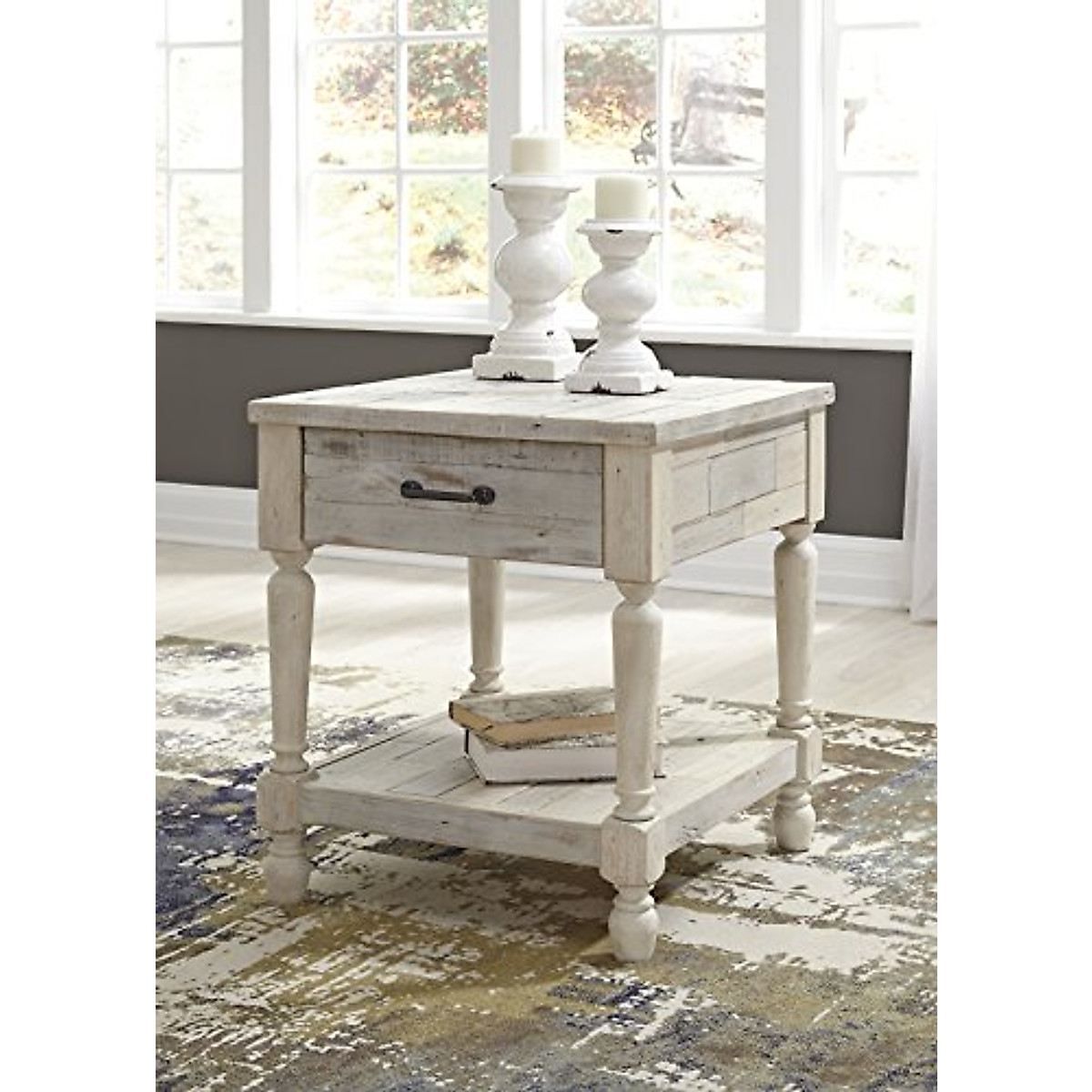 Signature Design by Ashley Shawnalore Farmhouse Solid Pine Wood End Table, Weatherworn White Finish