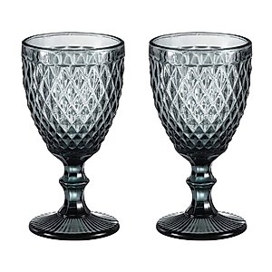 HUHUXIAOWU Wine glass, Colored Glass Goblet, 6oz/10oz Vintage Pattern Embossed High Clear Glass Goblets for Party, Wedding (Diamond/Gray/Set of 2, 10oz)