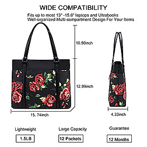 Laptop Tote Bag Womens Work Purse Floral Teacher Handbag Shoulder Bag fit 15.6 in laptop (Black - Rose)