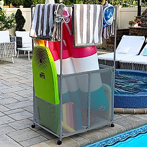 Pool Bins Pool Equipment Holder with Towel Drying Bars, Mesh Rolling Multi Use Storage Organizer Bin, Large Towel Hanger (25" L x 34.5" W x 62.6" H), Gray