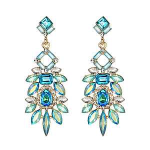 BriLove Art Deco Rhinestone Marquise Emerald Cut Rectangle Geometric Statement Earrings for Women Iridescent Blue Gold-tone