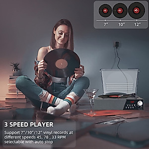 HONGUT Record Player, 3 Speed Turntable Vinyl Record Player with Bluetooth Speaker, MP3 Player Portable LP Vinyl Player with FM Stereo Radio, Vinyl to MP3 Recording Phonograph Player, Black
