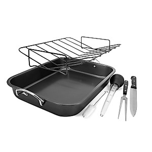 Eternal Living 6 Piece Rectangular Turkey Roaster Pan with Rack Carving Knife Fork Baster and Brush, Roasting Pan 15 Inch Black