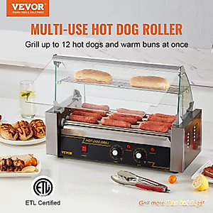 VEVOR Hot Dog Roller 5 Rollers 12 Hot Dogs Capacity, 750W Stainless Sausage Grill Cooker Machine with Dual Temp Control Glass Hood Acrylic Cover Bun Warmer Shelf Removable Oil Drip Tray ETL Certified