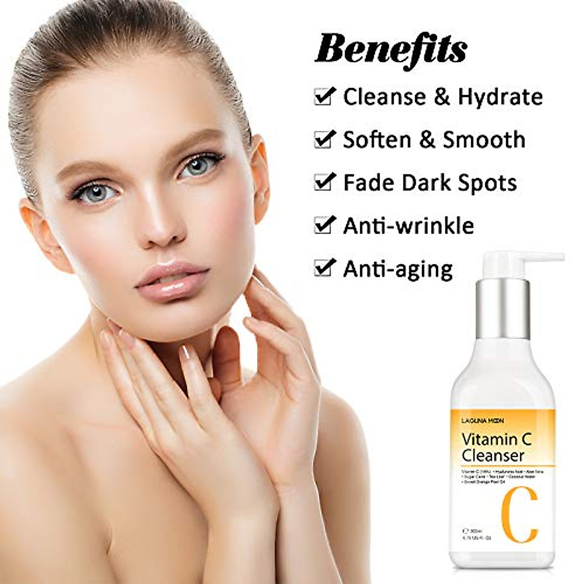 Lagunamoon Vitamin C Facial Cleanser, Cleanse & Hydrating, Reduce Fine Line Wrinkles Anti-Aging, Perfect Face Wash with Natural Ingredients for All Skin Types (200ml / 6.76 Oz)