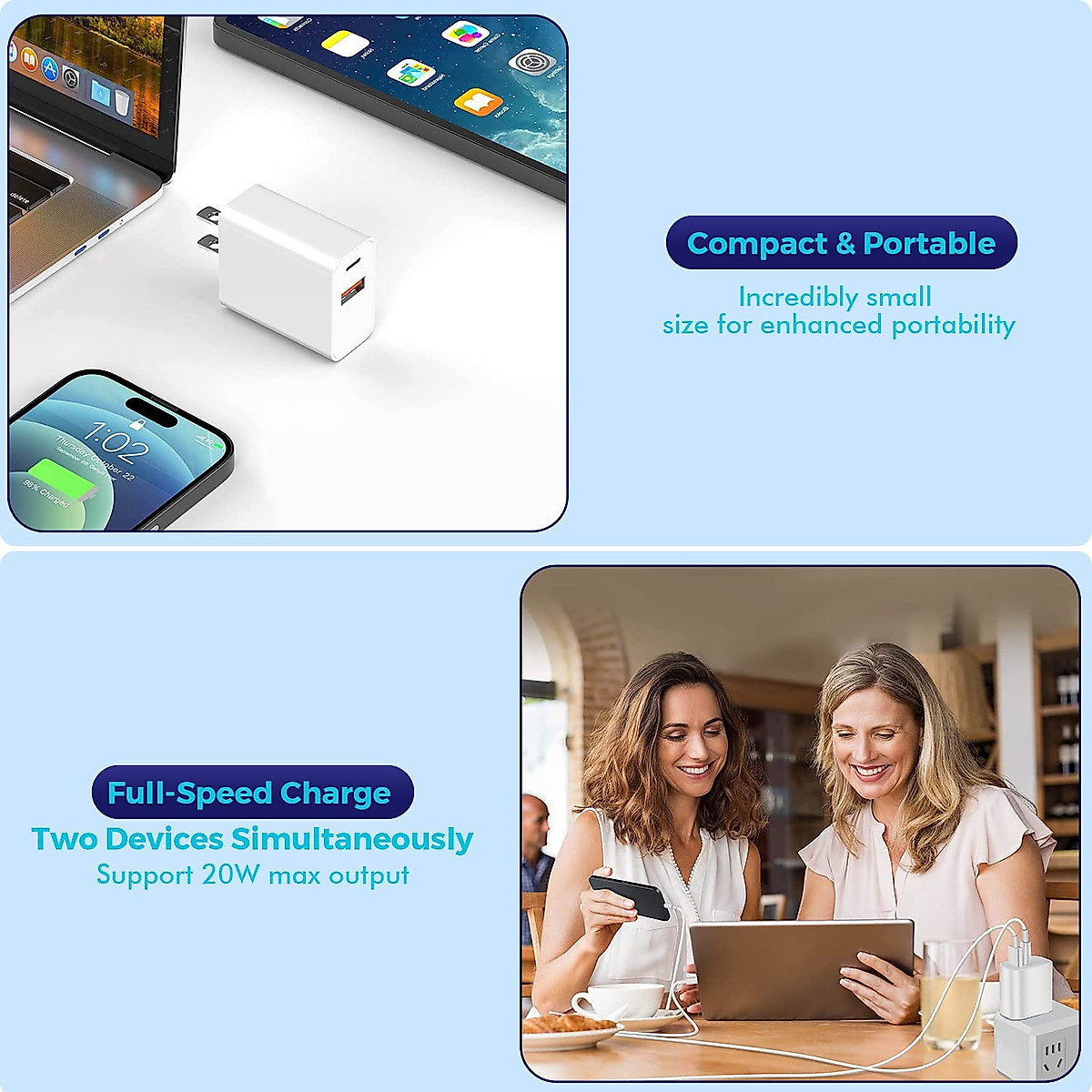iPhone 15 Charger Block, 2Pack 20W Dual Port PD Fast USB C Wall Charger Adapter + USB A Quick Charging Brick Plug Compatible with iPhone 15/14/13/12/11/Pro Max/Plus/XS/XR/X,iPad,AirPods and More
