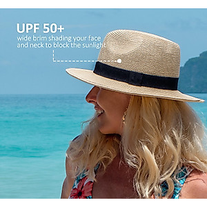 Joywant Abby Straw Sun Hat for Women with UV Protection Wide Brim Wind Lanyard,Travel Foldable Summer Beach Hat Panama Fedora-Beige