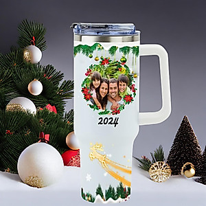 Custom Christmas Garland Tumbler - Personalized Name,Photo 40 Oz Tumbler with Handle Straw Lid,Insulated Xmas Tumbler Coffee Mug Stainless Steel Travel Mug Holiday Gifts for Kid Boy Girl Family
