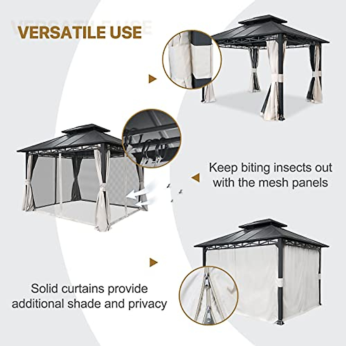 EAGLE PEAK 10x12 Outdoor Double Roof Hardtop Gazebo with Decorative Lattice Eave Steel Frame, Mosquito Mesh Netting and Light Beige Privacy Curtains, Backyard Patio Garden Gazebo Pavilion, Black