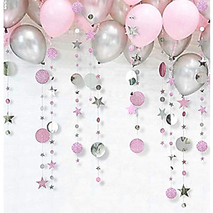 Glitter Pink Silver Circle Dot Garland Twinkle Little Star Decoration Polka Dots Streamer Backdrop Banner Girls Birthday Party Decor/Baby Shower/Wedding/Engagement/Anniversary/Sweet 16/Bridal Shower