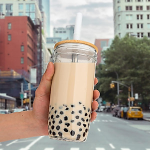 Luxfuel 24oz Wide Mouth Mason Jar Drinking Glasses with Bamboo Lids and Straws,2 Pack Reusable Glass Boba Tea Cup for Smoothie,Iced Coffee,Water,Juice, Pearl Milkshake,Dishwasher Safe, BPA Free