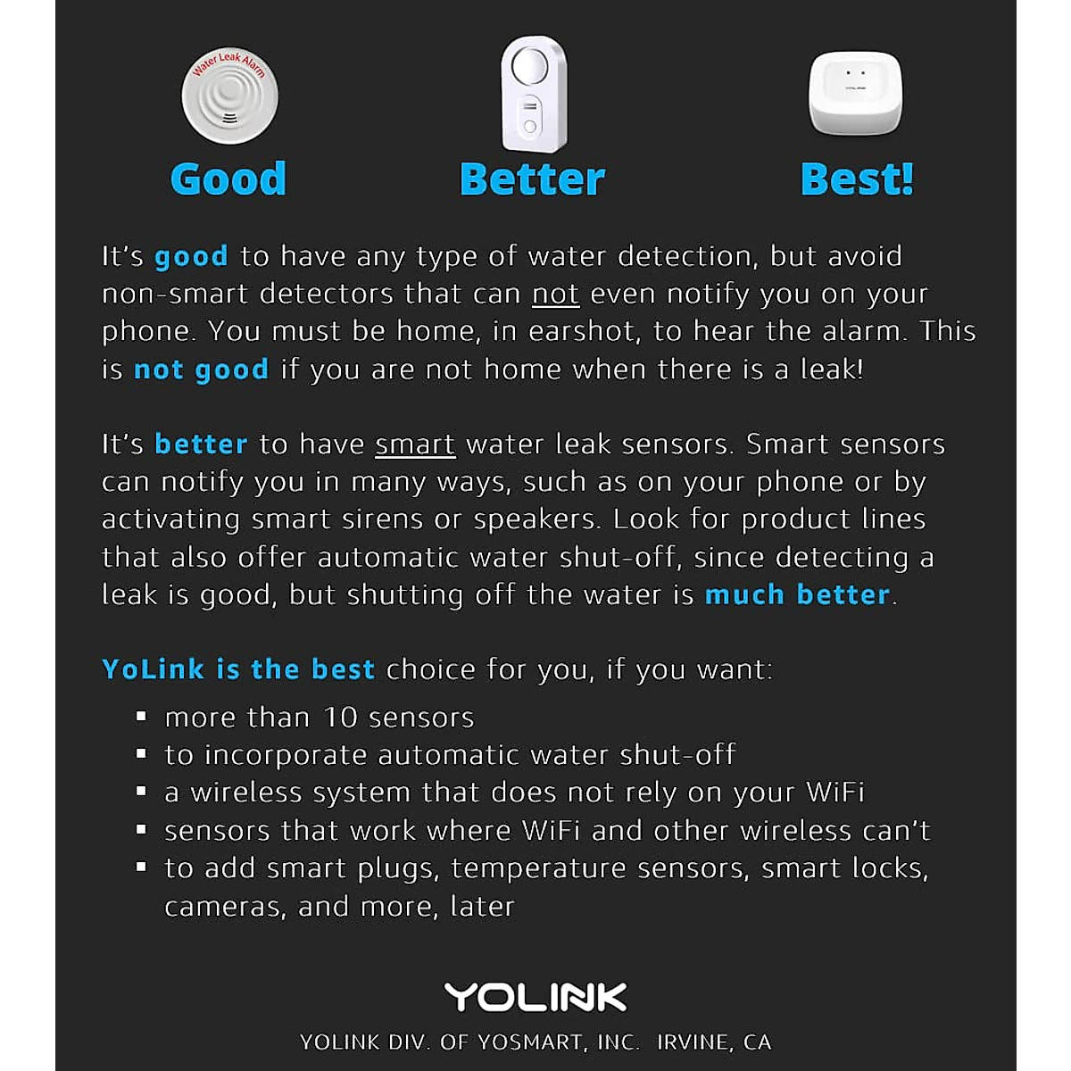 Smart Water Leak Sensor 3 Pack, YoLink 1/4 Mile World's Longest Range Wireless Water Sensor Works with Alexa IFTTT, Water Leak Detector with App Notifications, Remote Monitoring - YoLink Hub Required