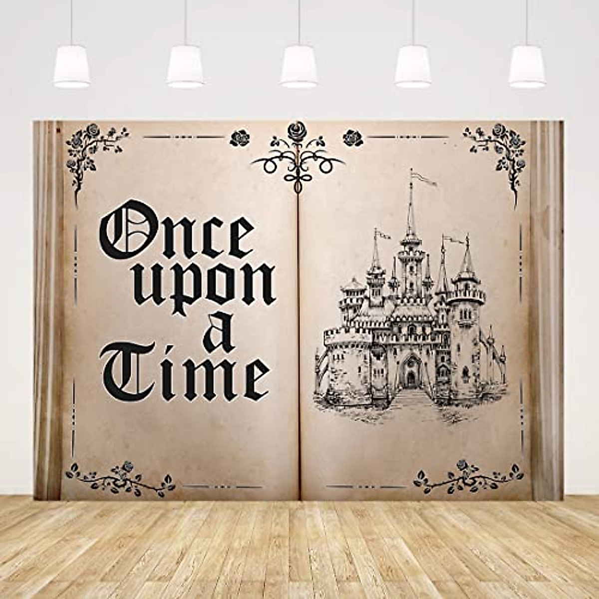 LYCGS 8X6FT Fairy Tale Books Backdrop Once Upon a Time Backdrop Ancient Castle Princess Romantic Photo Background Book Themed Party Background Wedding Birthday Party Decorations Banner X-43