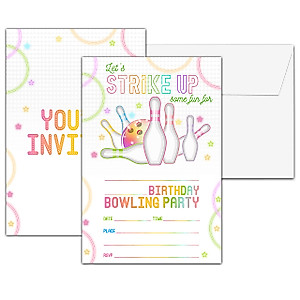 Chuxvon Bowling Birthday Party Invitations, Strike Up Birthday Invitation, Double-Sided Neon Glow Themed Fill In Invites, Kids Glow Bowling Birthday Party Decorations, 20 Cards With 20 Envelopes(C07)
