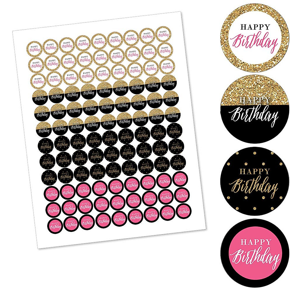 Big Dot of Happiness Chic Happy Birthday - Pink, Black and Gold Round Candy Sticker Favors Labels Fit Chocolate (1 Sheet 108)